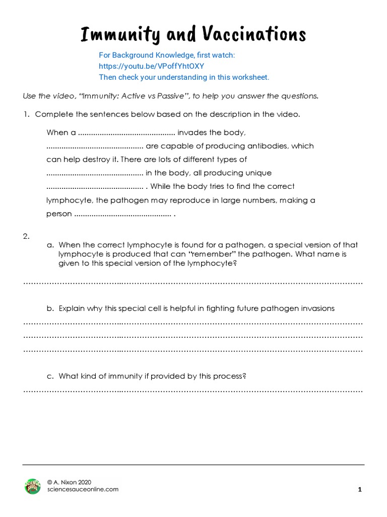 Worksheet 2 - Immunity and Vaccines | PDF