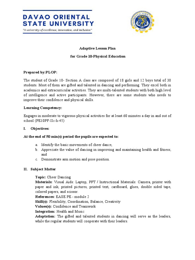 Adaptive Lesson Plan Format | PDF | Cheerleading | Dances
