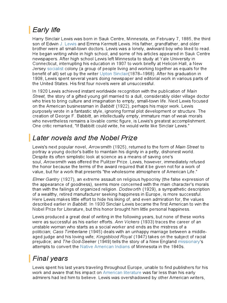 Harry Sinclair Lewis early life and career in 40 characters | PDF