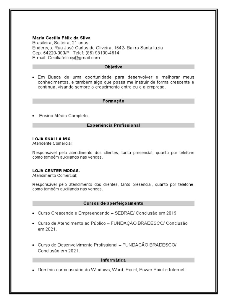 Curriculum Vitae Maria Cecilia | PDF