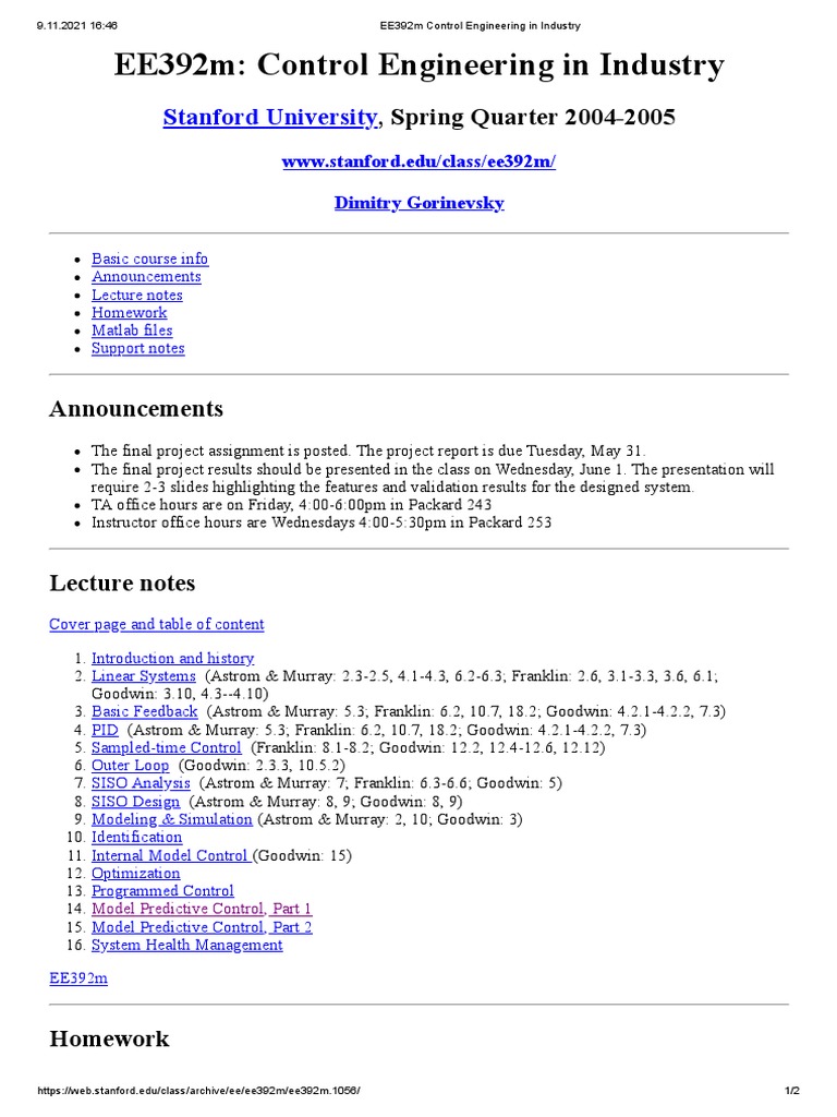 EE392m Control Engineering in Industry | PDF | Control Engineering | Mathematics