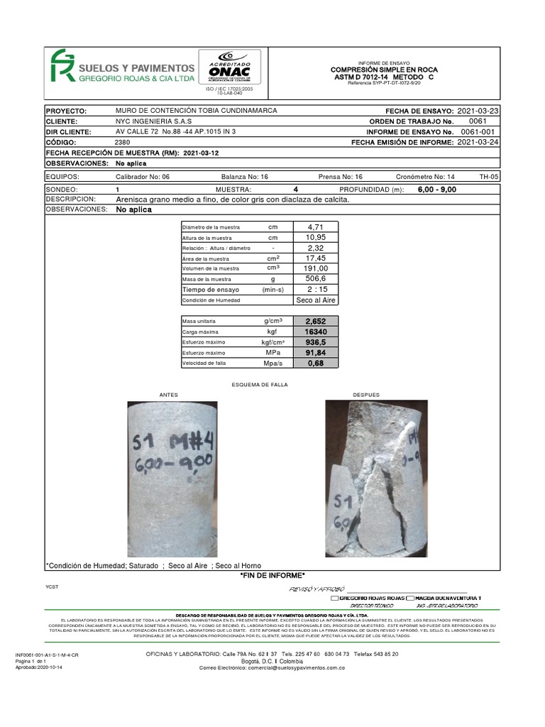 Compresión Simple en Roca Astm D 7012-14 Metodo C: Informe de Ensayo | PDF