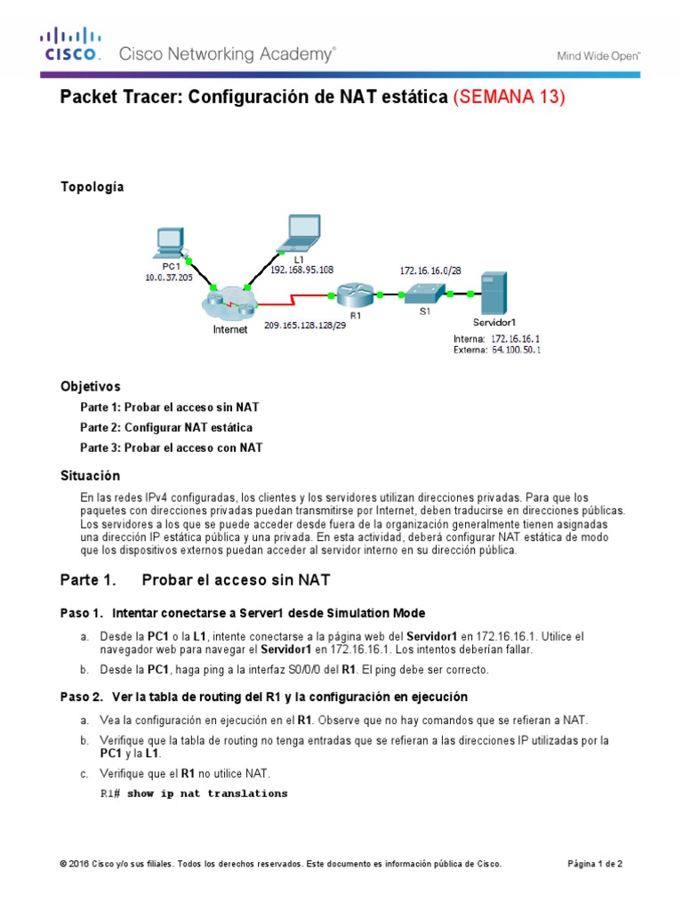 9.2.1.4 Packet Tracer - Configuring Static NAT Instructions - ILM | PDF ...