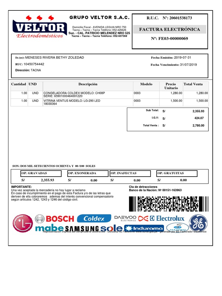 Factura Electrónica de Electrodomésticos | PDF | Bancario | Pagos