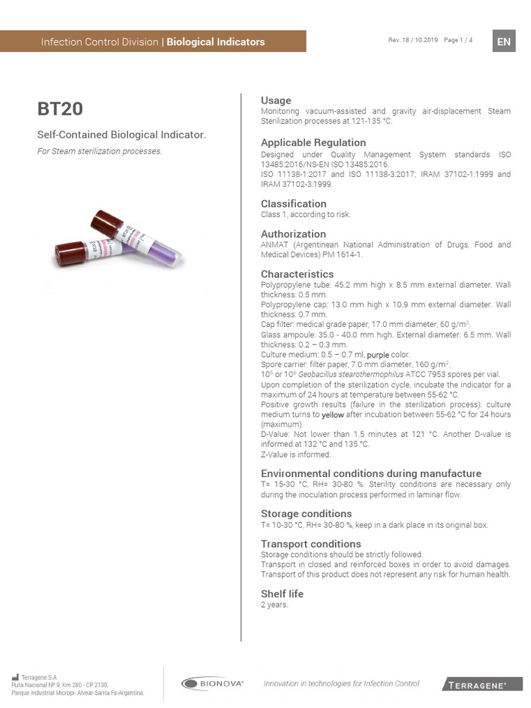 Ficha Tecnica Indicador Biologico BT20 | Download Free PDF ...