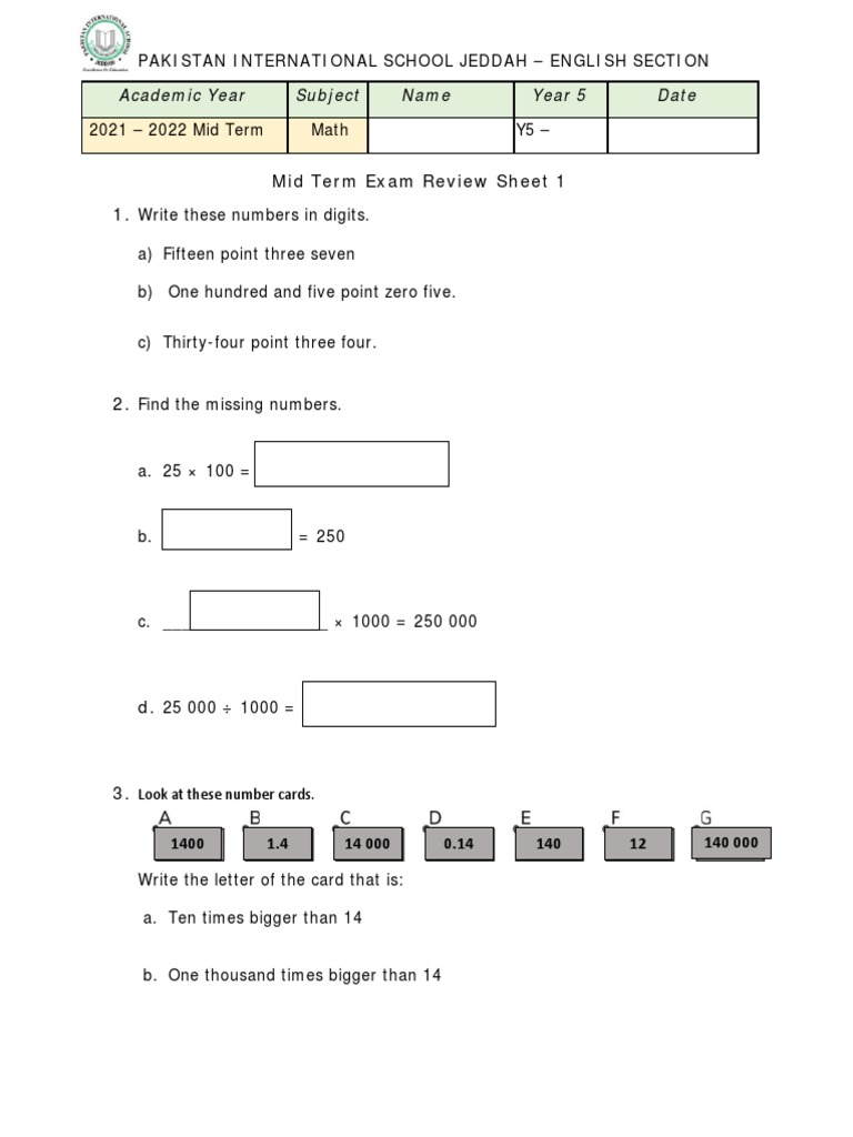 Mid Term Exam Review Sheet 1 | PDF | Numbers | Sequence