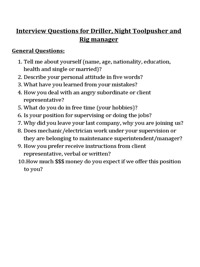 Interview Questions for Drilling Rig Positions | PDF | Drilling Rig | Valve