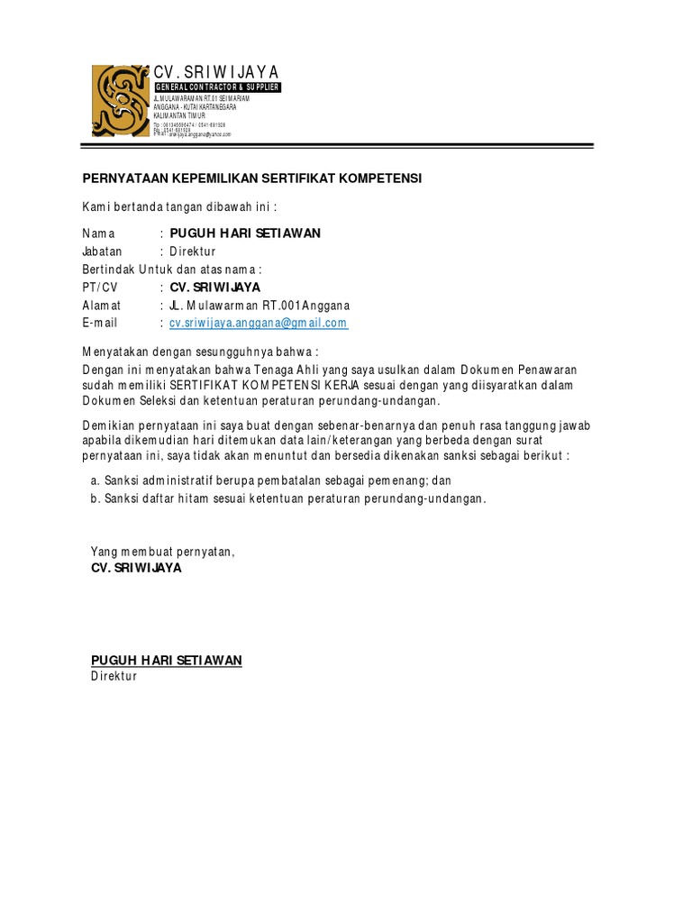 Daftar Personil CV Sriwijaya Handil Terusan | PDF