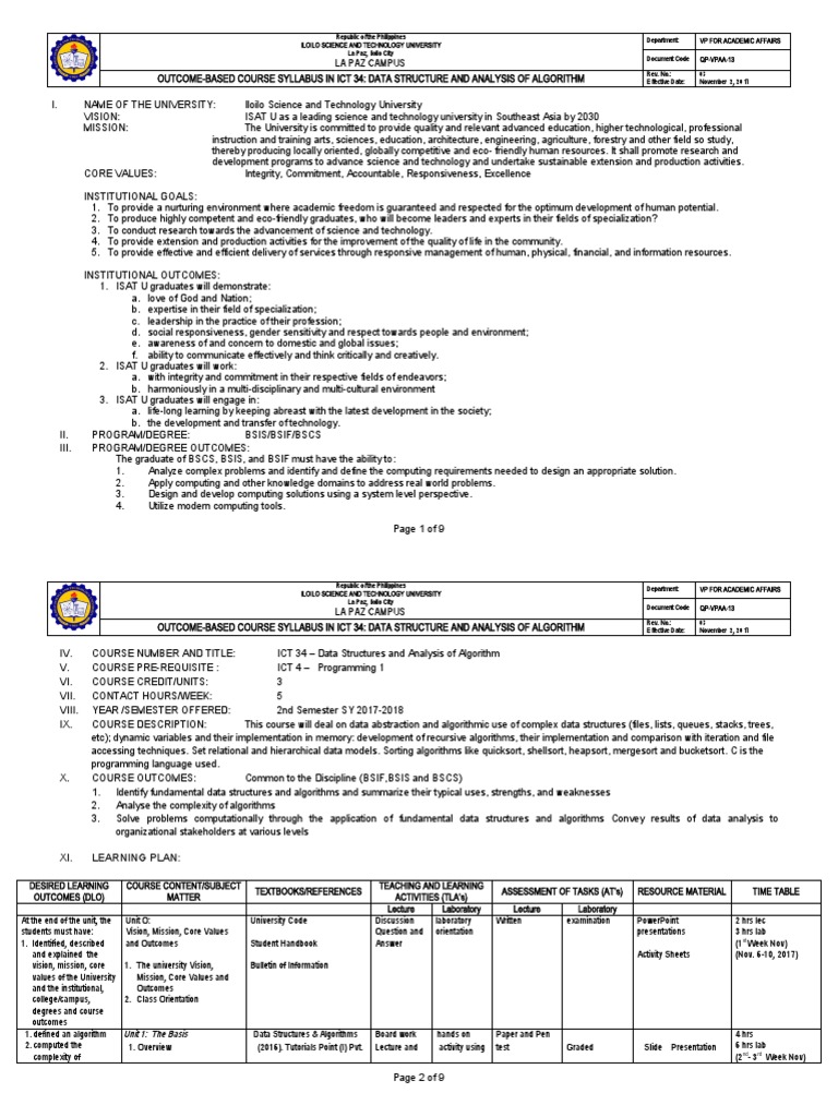 ICT 34 Data Structures and Analysis of Algorithm | PDF | Educational Technology | Algorithms