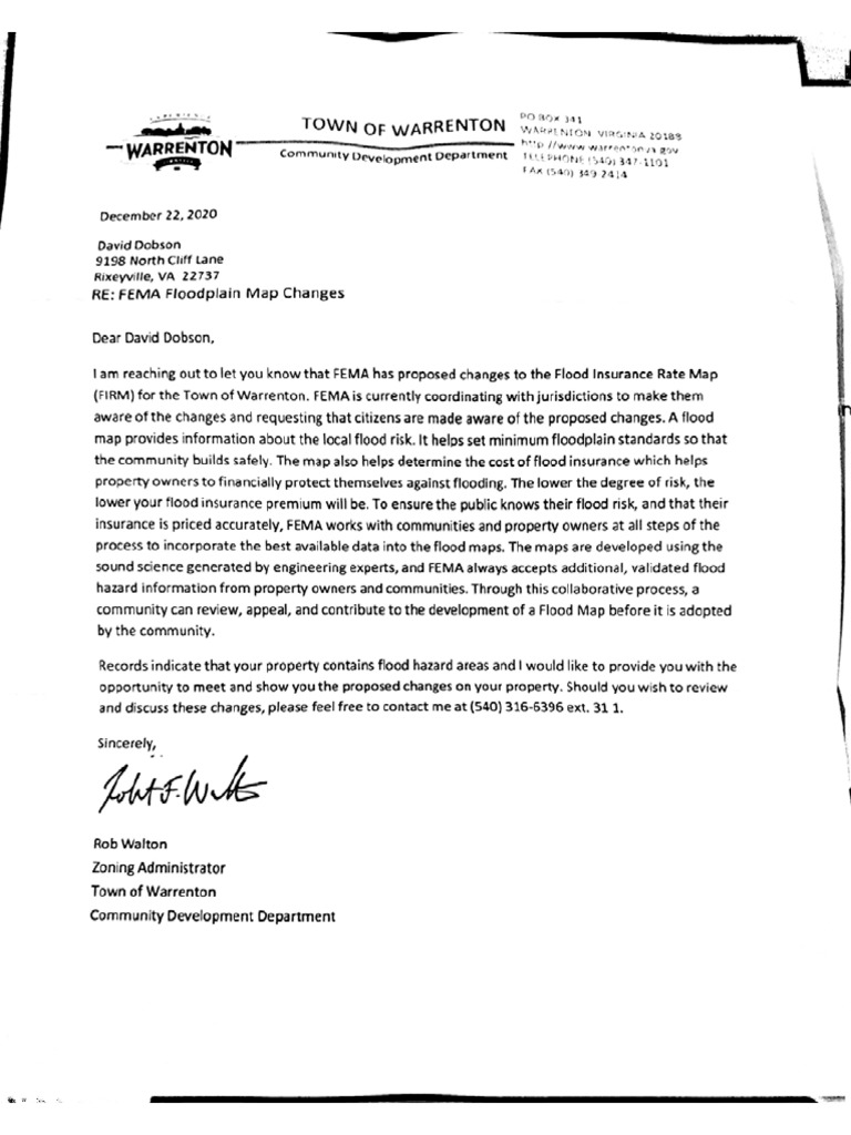Town of Warrenton Letter On FEMA Floodplain Map Changes | PDF