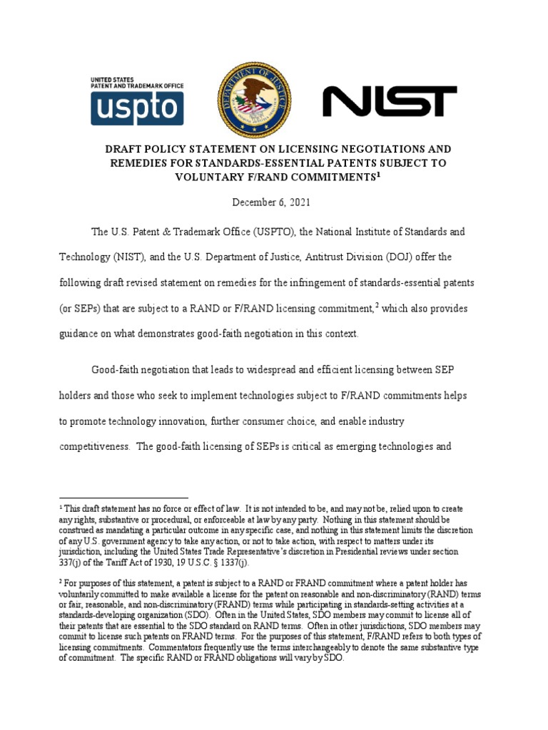 Sep Policy Statement Final 12.6.21 12pm | PDF | Injunction | Patent