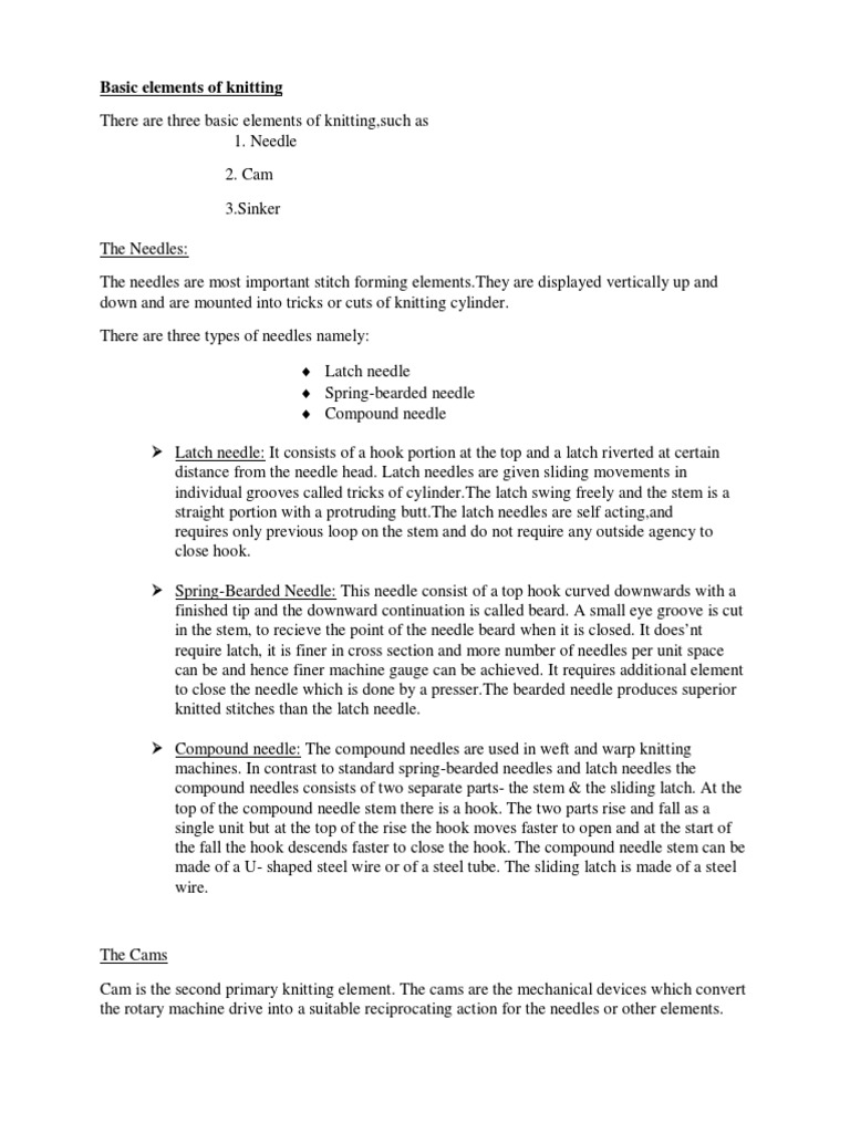 Basic elements of knitting - Needles, Cams, Sinkers | PDF | Knitting ...