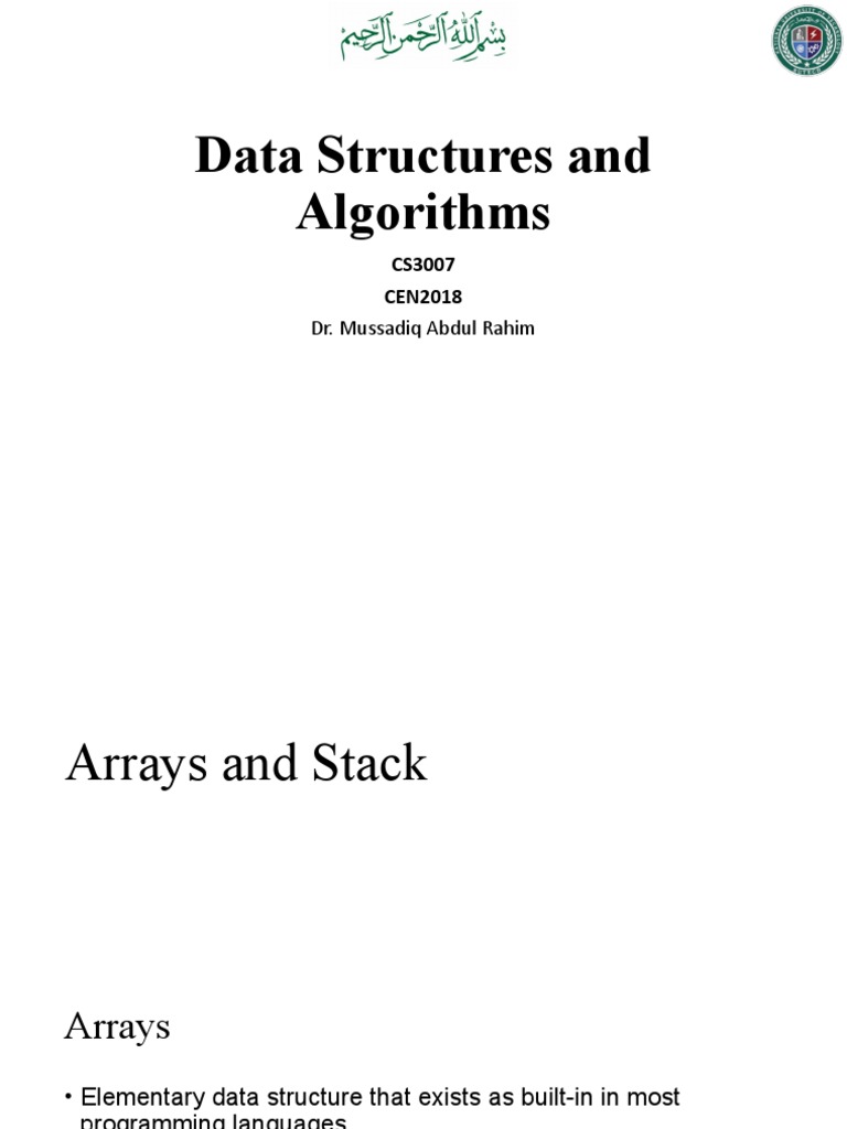 Data Structures And Algorithms Cs3007 Cen2018 Pdf Array Data Structure Pointer Computer 