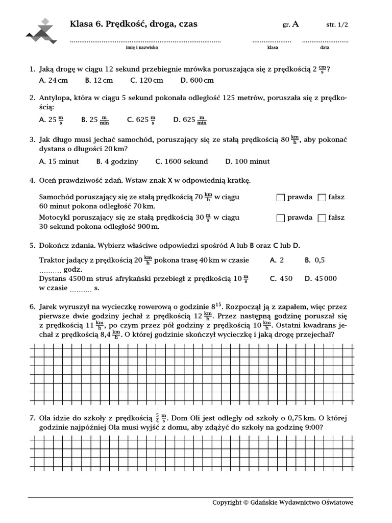 Klasa 6. Predkosc, Droga, Czas | PDF Klasa 6. Predkosc, Droga, Czas | PDF