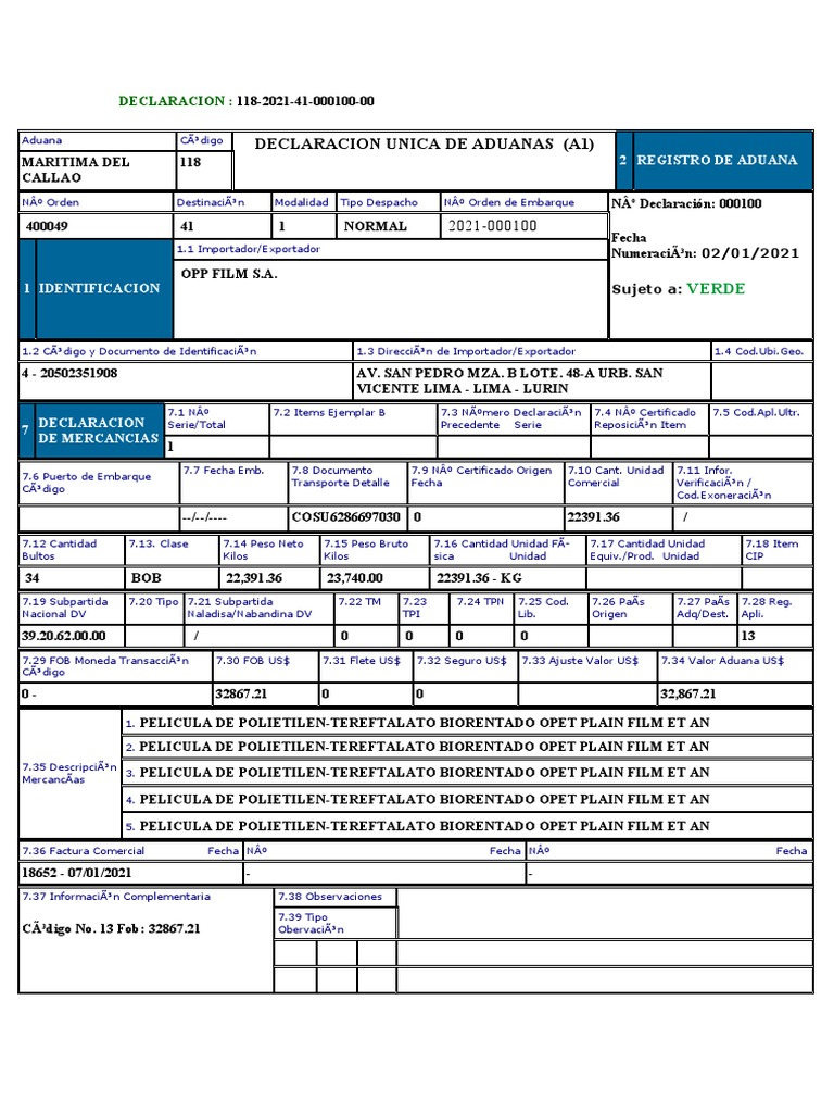 Declaracion Unica de Aduanas (A1) | PDF