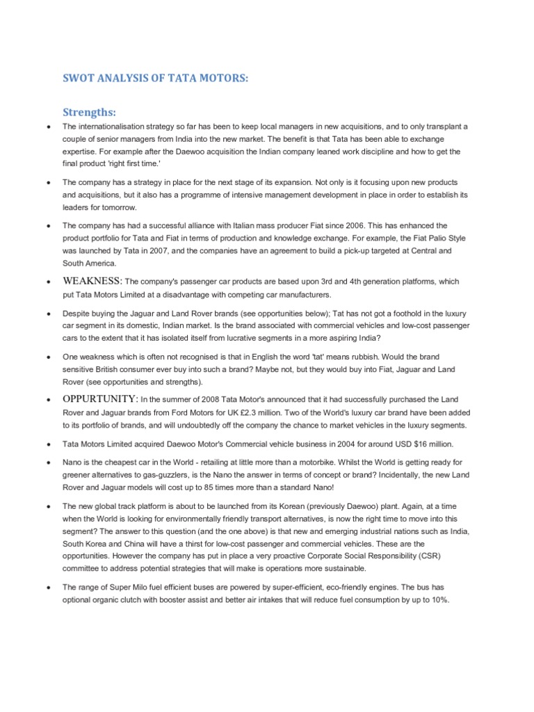 Swot Analysis of Tata Motors | PDF | Luxury Vehicles | Car
