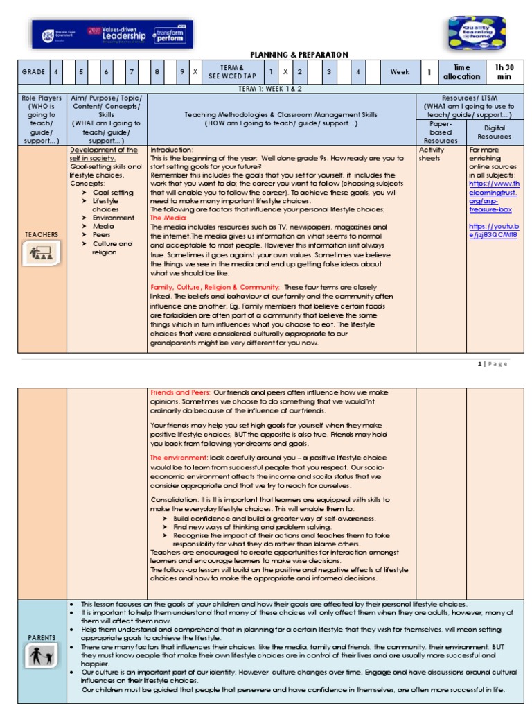 Lesson Plan Gr. 9 Life Orientation Term 1 Week 1 & 2 | PDF | Lifestyle ... Lesson Plan Gr. 9 Life Orientation Term 1 Week 1 & 2 | PDF | Lifestyle ...