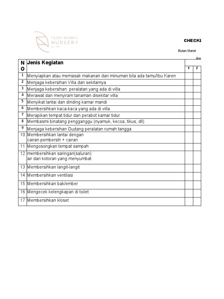 Checklist Kebersihan | PDF