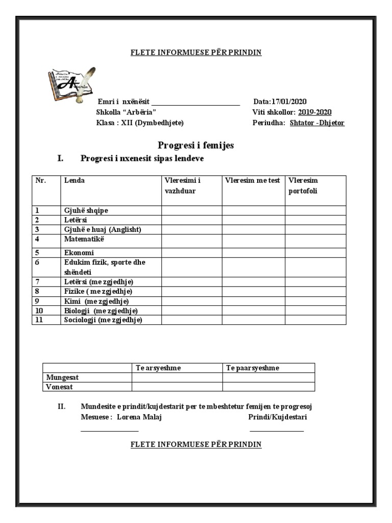 Flete Informuese Për Prindin KL Xii | PDF