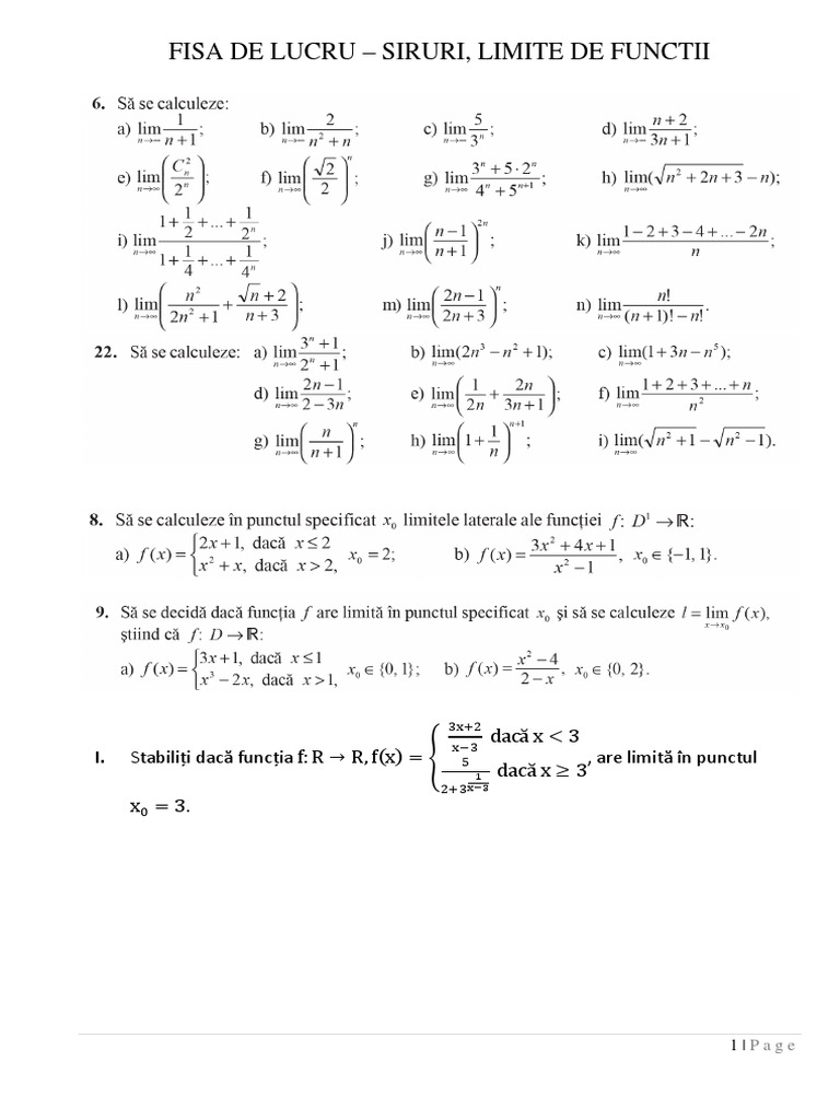 Fisa de Lucru - Siruri, Limite de Functii | PDF