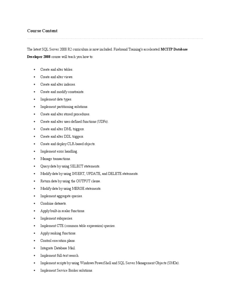 Ms Sql Certification Syllbus Download Free Pdf Microsoft Sql Server