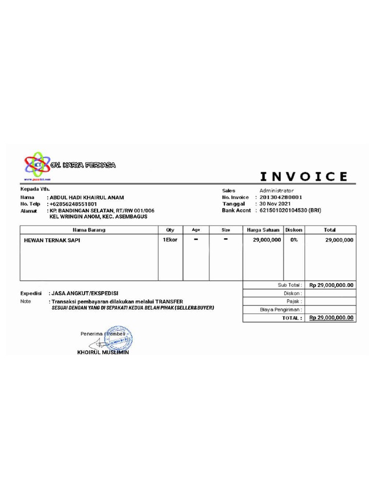 Invoice Pembelian Hewan Ternak, Sapi 1ekor, Asembagus | PDF