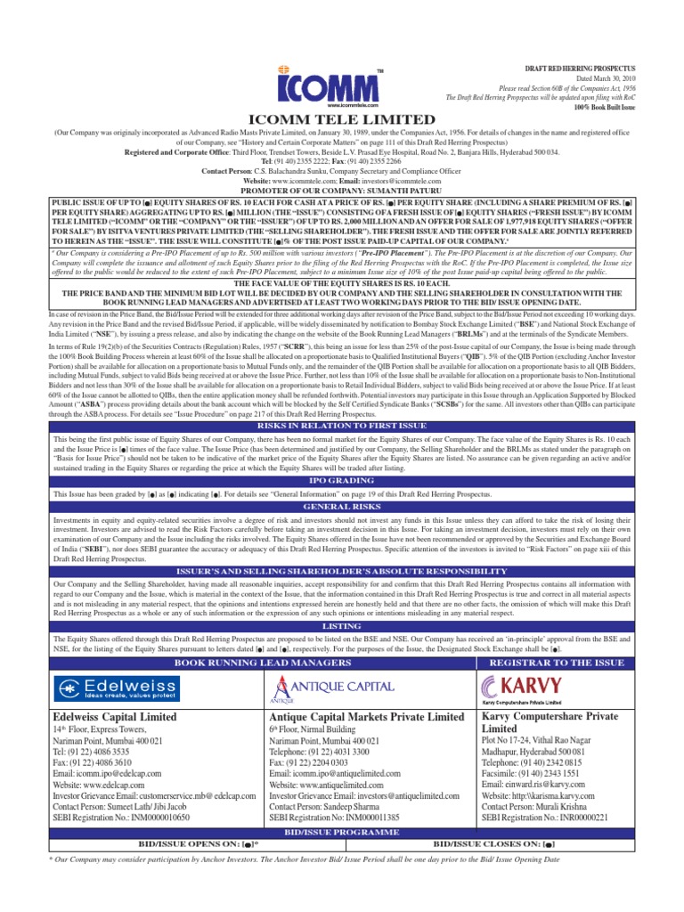 Icomm Tele Ltd. | PDF | Stocks | Initial Public Offering