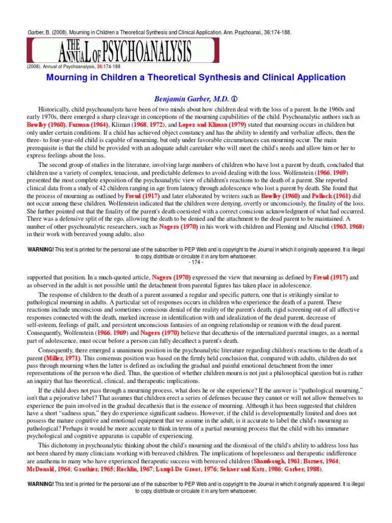 Mourning in Children A Theoretical Synthesis and Clinical Application ...