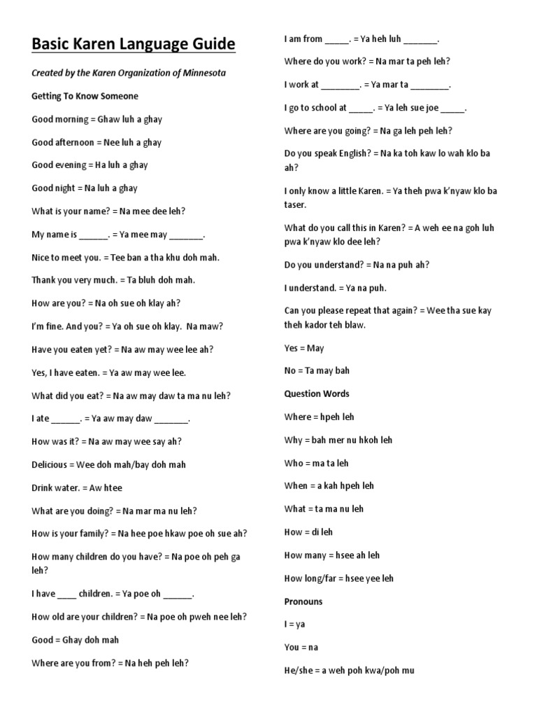 Basic Karen Language Guide: Getting To Know Someone | PDF