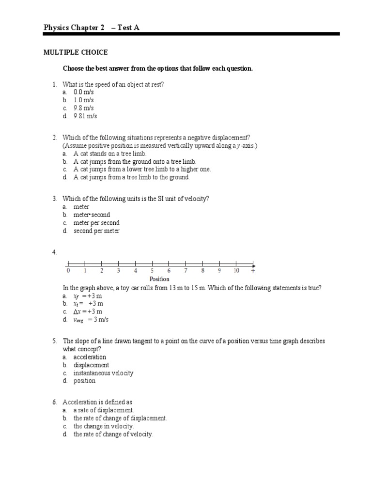 Physics Chapter 2 - Test A: Multiple Choice Choose The Best Answer From ...