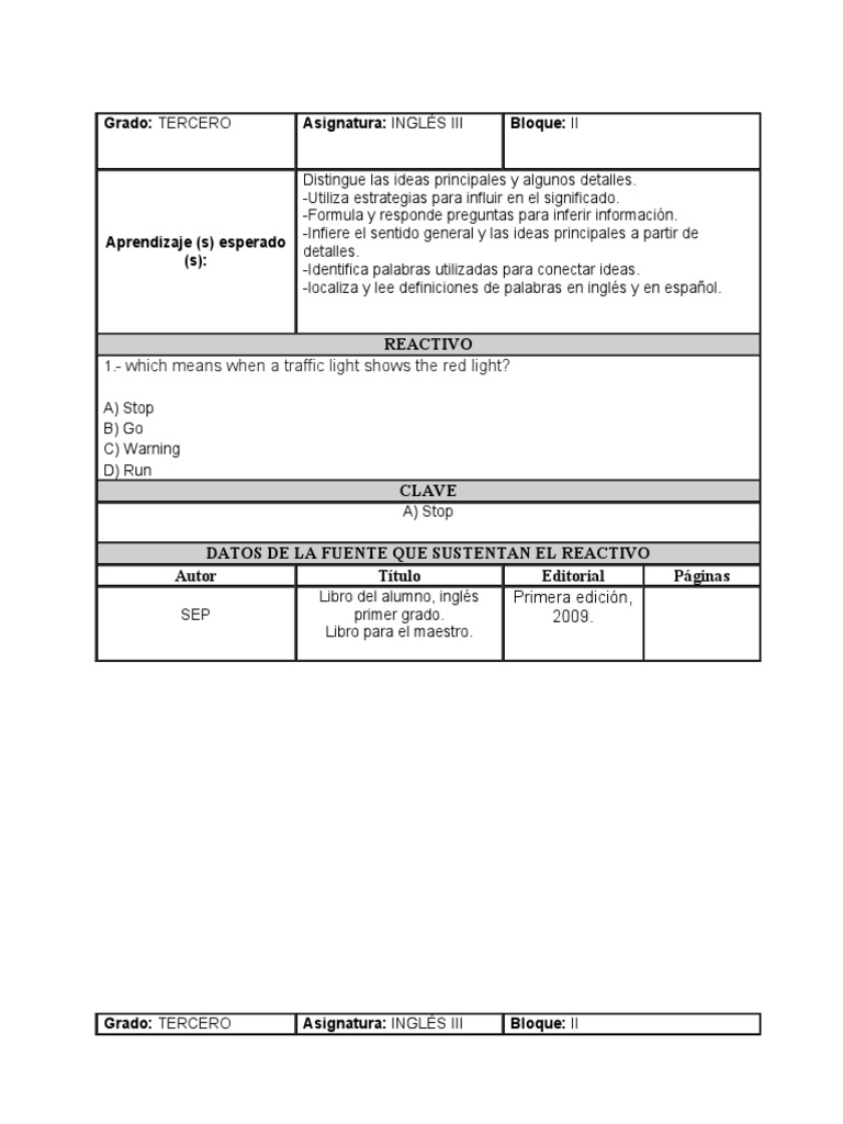 Plantilla. Inglés. Tercer Grado. | PDF