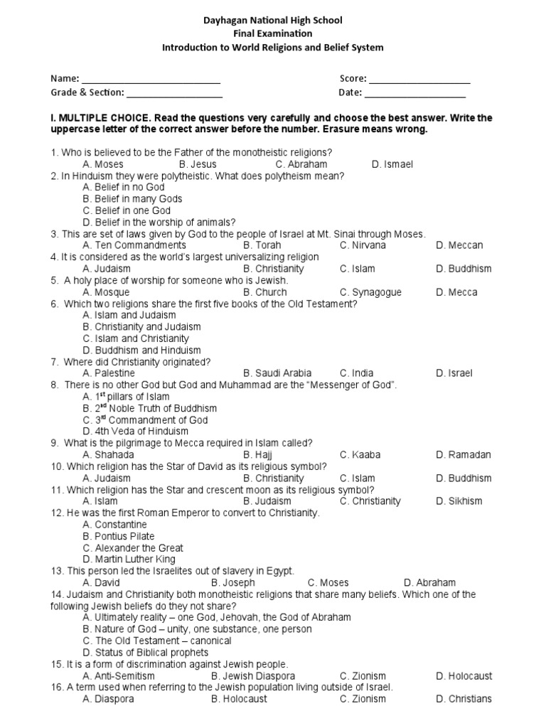 World Religions Final Exam Review | PDF | Bible | Jews
