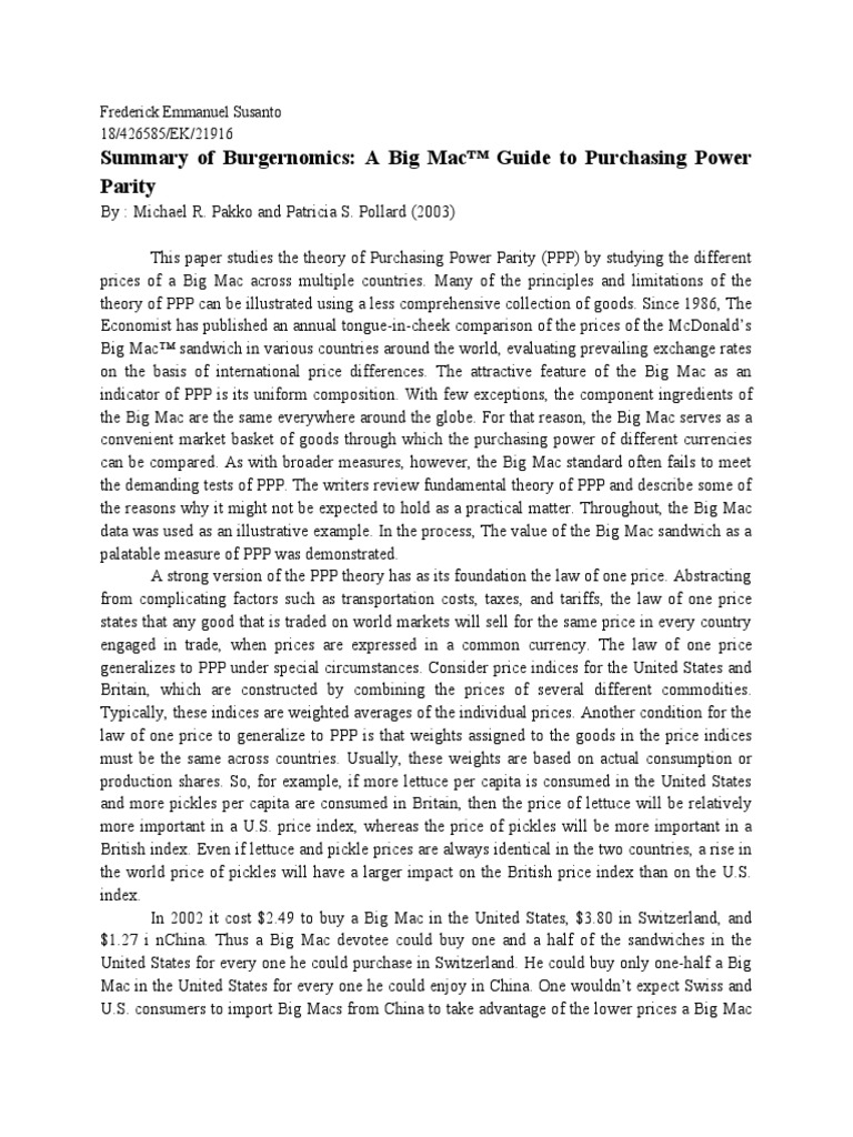 Summary of Burgernomics: A Big Mac™ Guide To Purchasing Power Parity ...