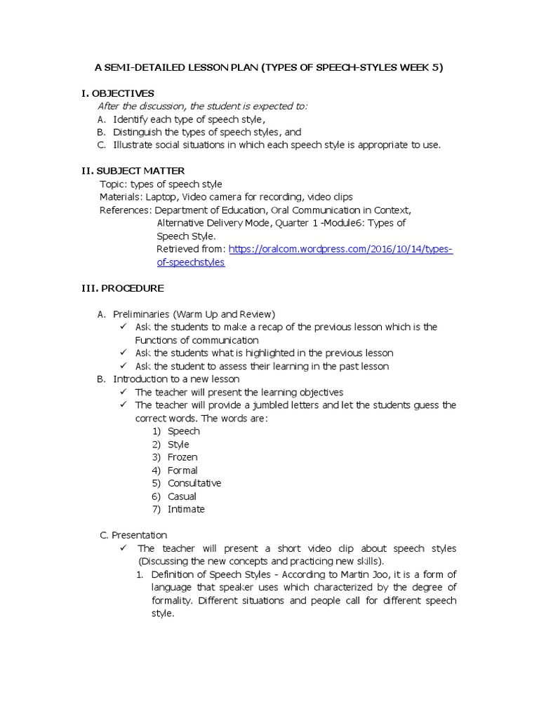 A Semi Detailed Lesson Plan Types of Speech Style Week 5 | PDF ...