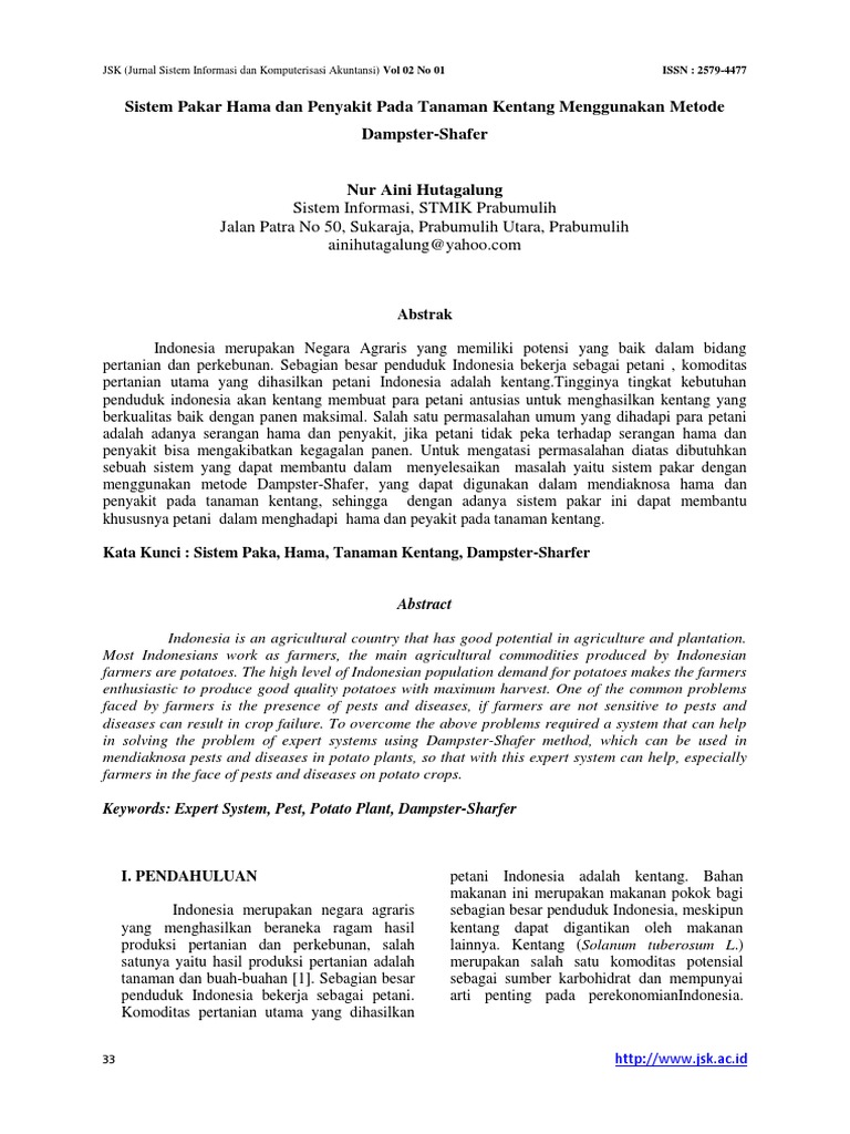 Sistem Pakar Hama Dan Penyakit Pada Tanaman Kentang Menggunakan Metode ...