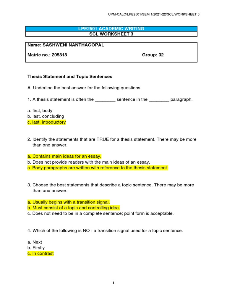 Thesis and Topic Sentences Worksheet | PDF | Thesis | Essays
