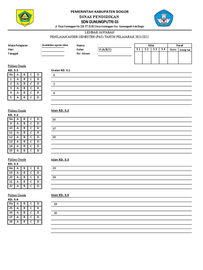LJK PAS Ganjil KELAS 5 PTS | PDF