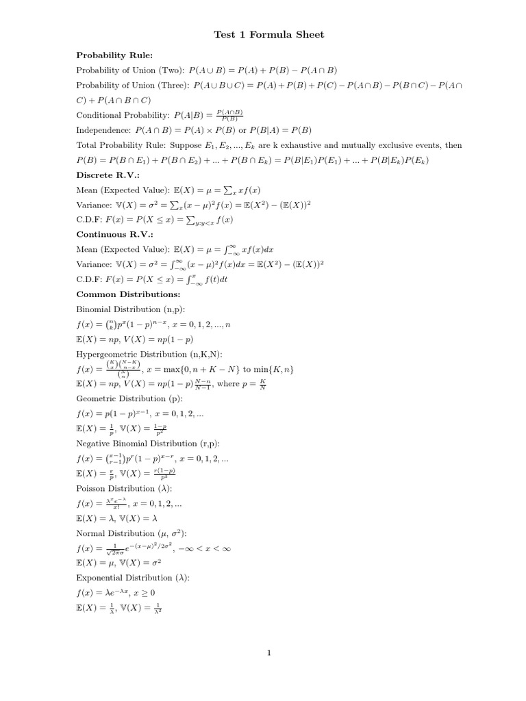 Test 1 Formula Sheet: P (A B) P (B) | PDF | Probability | Scientific ...
