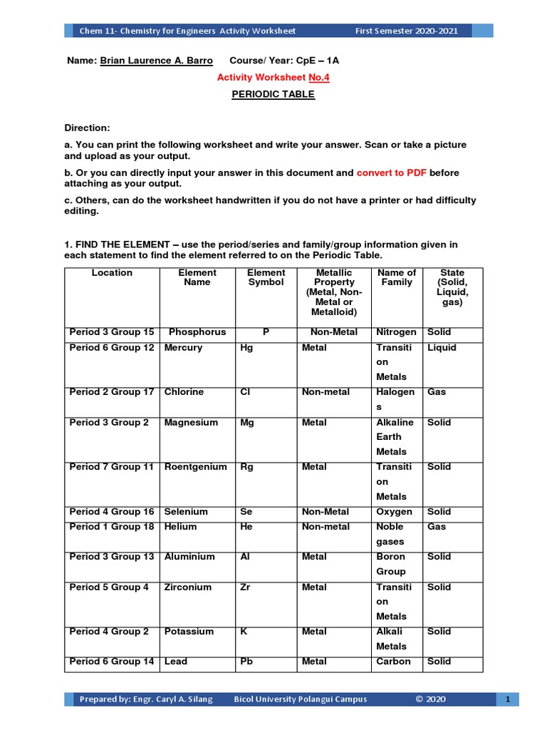 Chem 11-Chemistry For Engineers Activity Worksheet First Semester 2020 ...