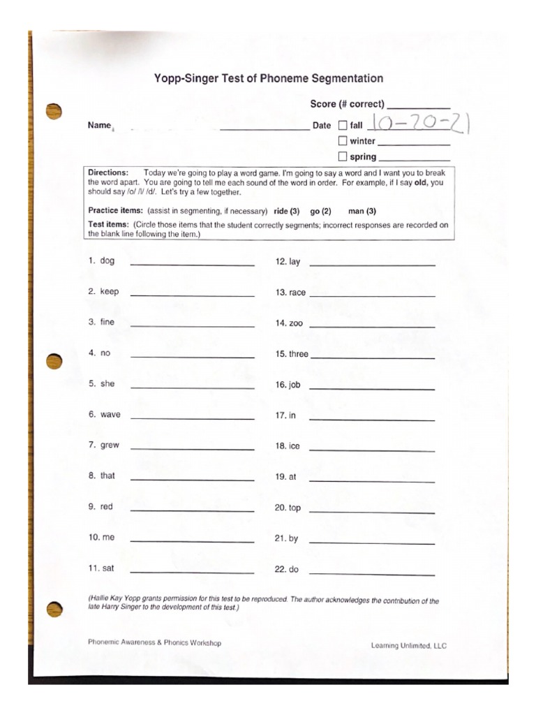 Yopp-Singer Test of Phoneme Segmentation | PDF