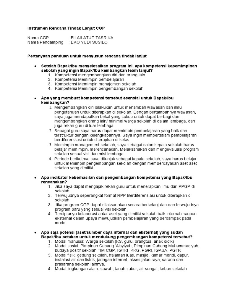 Instrumen Rencana Tindak Lanjut CGP | PDF