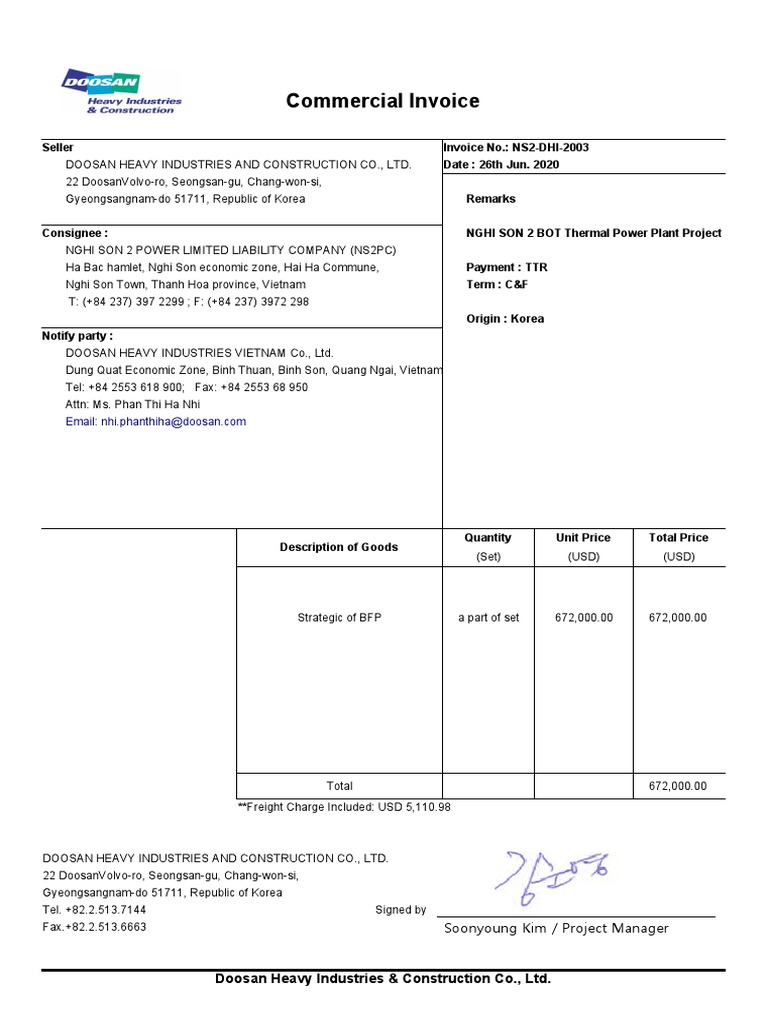 Commercial Invoice for Doosan Heavy Industries | PDF | Machines ...