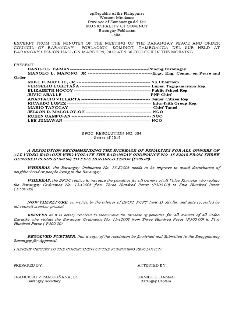BPOC Resolution 004 Videoke | PDF | Government | Philippines