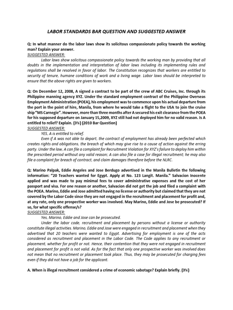 LABOR STANDARDS BAR QUESTION AND SUGGESTED ANSWER Revised | PDF ...