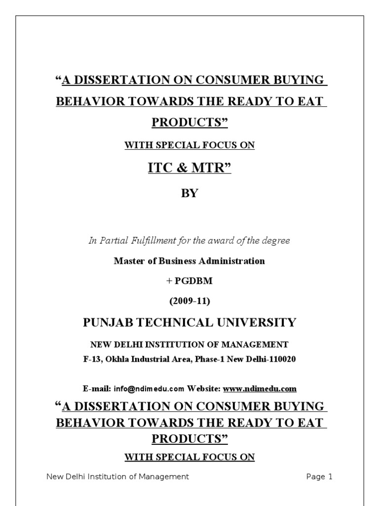 A Dissertation On Consumer Buying Behavior Towards The Ready To Eat ...