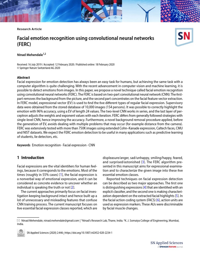 Facial Emotion Recognition Using Convolutional Neural Networks (FERC) | PDF | Cognitive Science ...