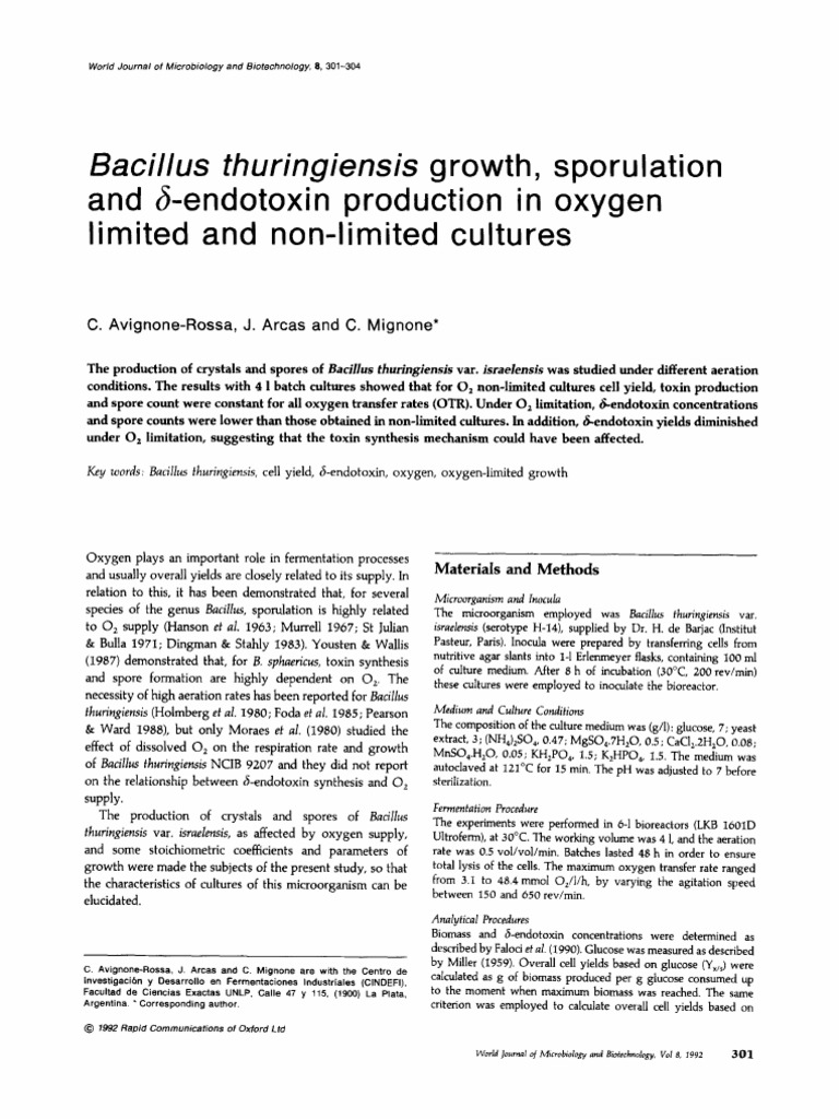 Bacillus thuringiensis growth, sporulation and δ-endotoxin production ...