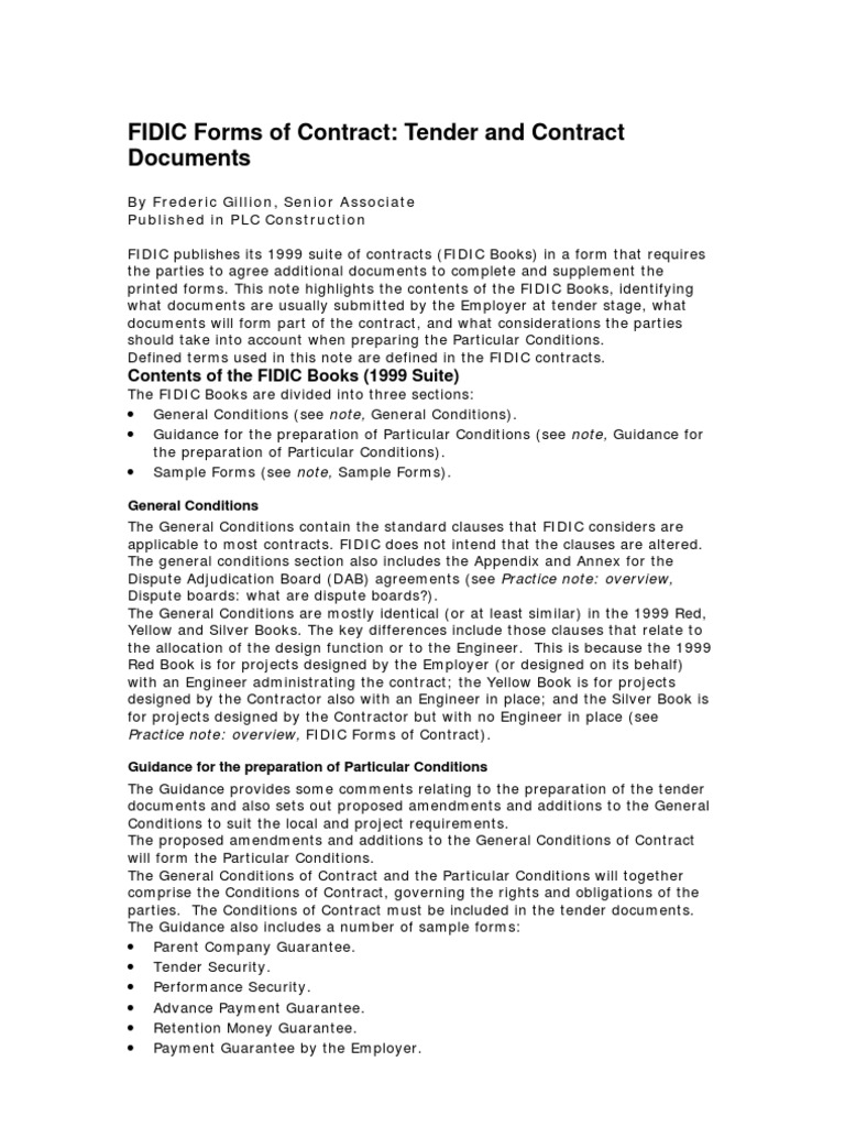 FIDIC Contract Forms and Tender Guidance | PDF | General Contractor ...