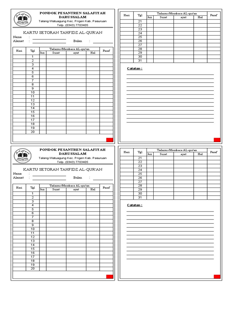 Kartu Setoran Tahfidz 2021 | PDF
