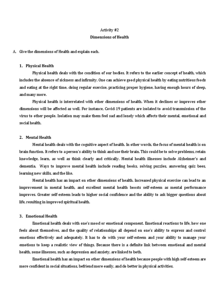 PE Dimensions of Health | PDF | Mental Health | Meaning Of Life